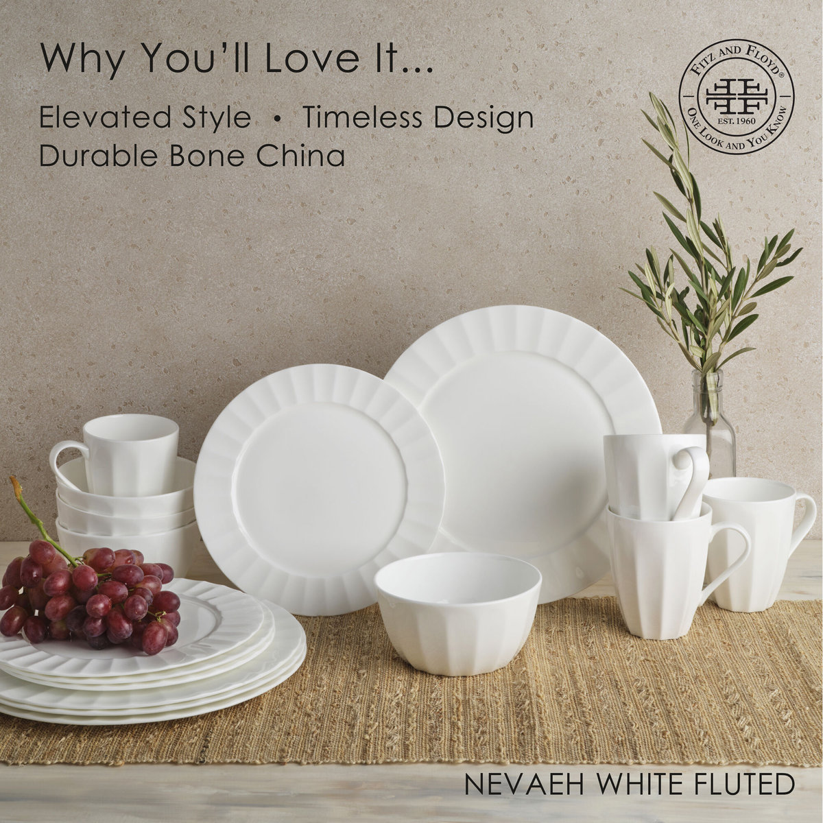 Fitz and Floyd Nevaeh White Fluted 16-Piece Chip-Resistant Bone China Dinnerware Set, Service ...